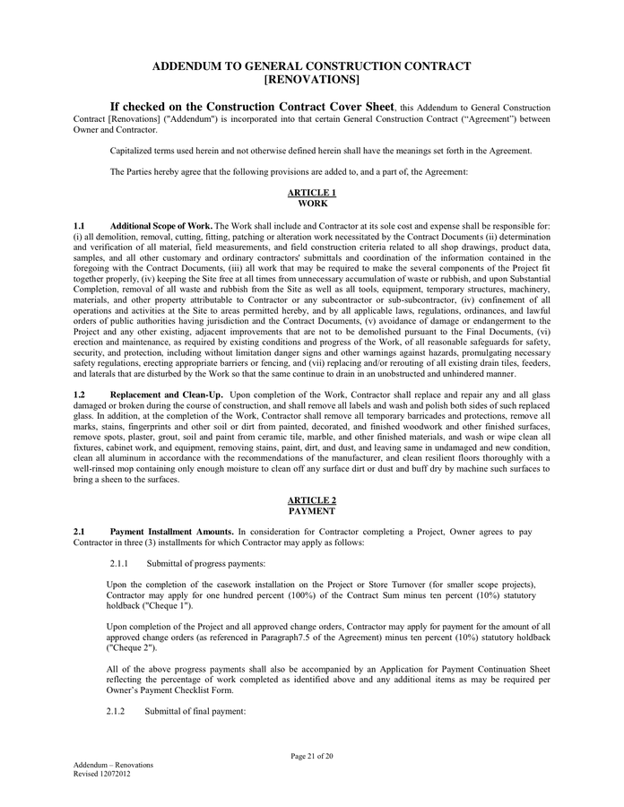 GENERAL CONSTRUCTION CONTRACT in Word and Pdf formats - page 21 of 27