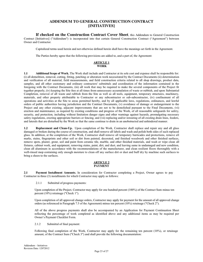 GENERAL CONSTRUCTION CONTRACT in Word and Pdf formats - page 23 of 27