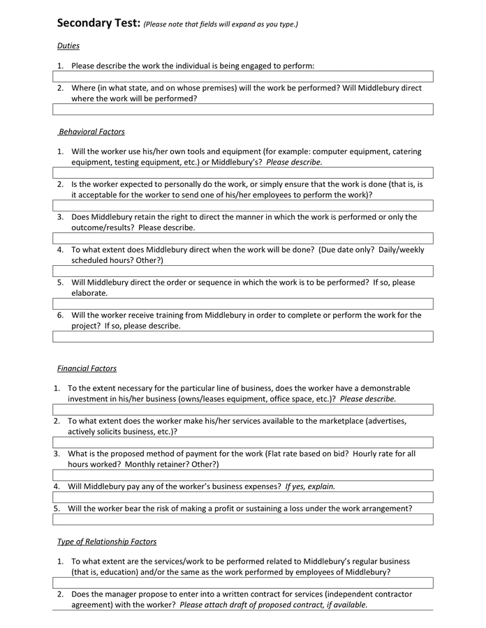 Independent Contractor Worksheet in Word and Pdf formats - page 2 of 3