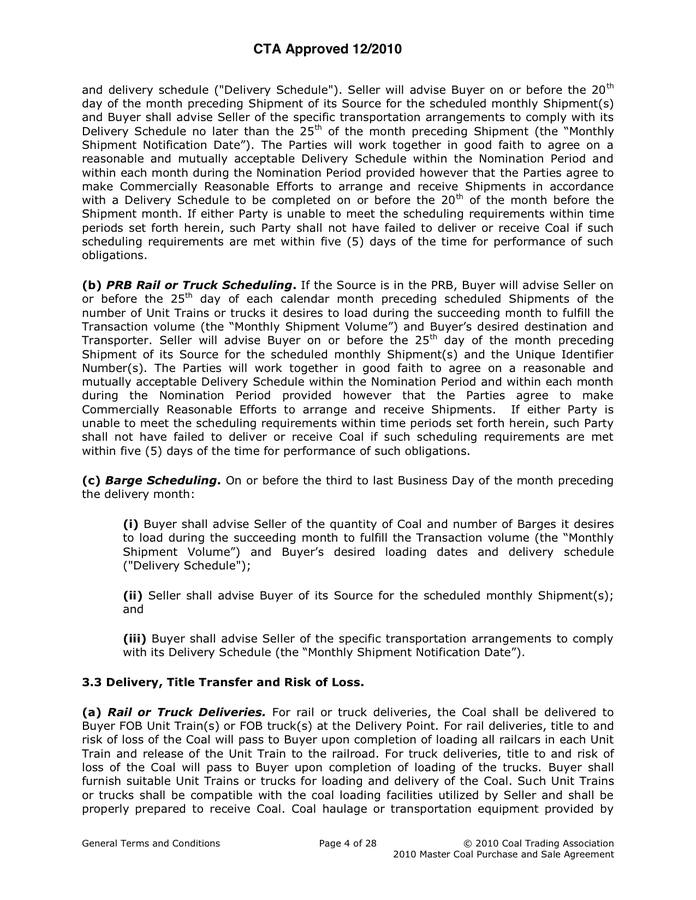 MASTER COAL PURCHASE AND SALE AGREEMENT in Word and Pdf formats - page ...
