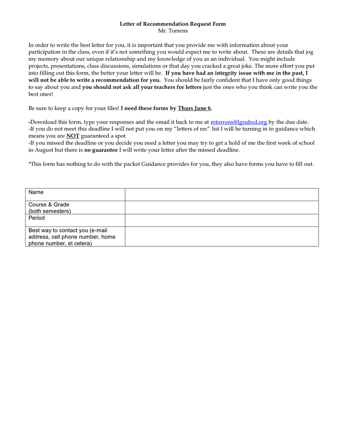 Letter of Recommendation Request Form in Word and Pdf formats