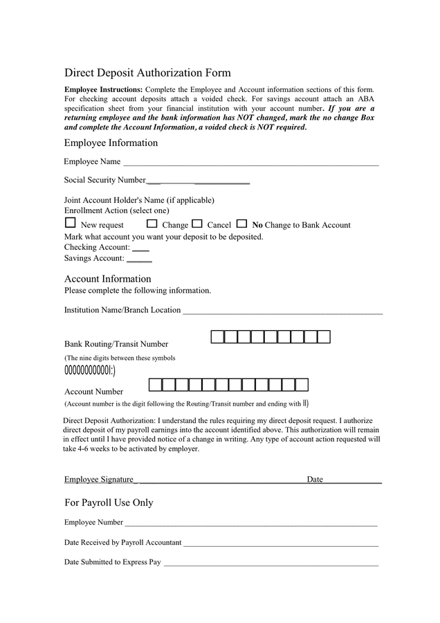 Direct Deposit Authorization Form in Word and Pdf formats