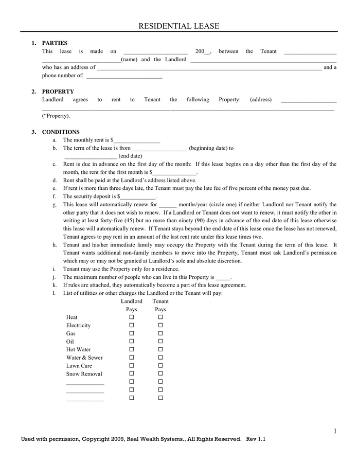RESIDENTIAL LEASE form in Word and Pdf formats