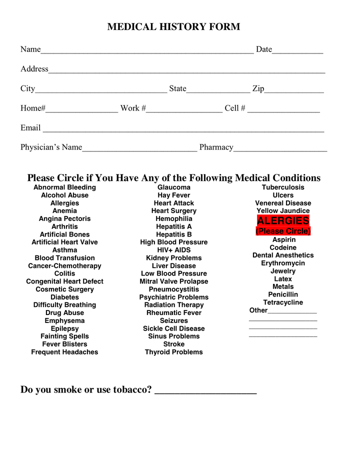 MEDICAL HISTORY FORM in Word and Pdf formats
