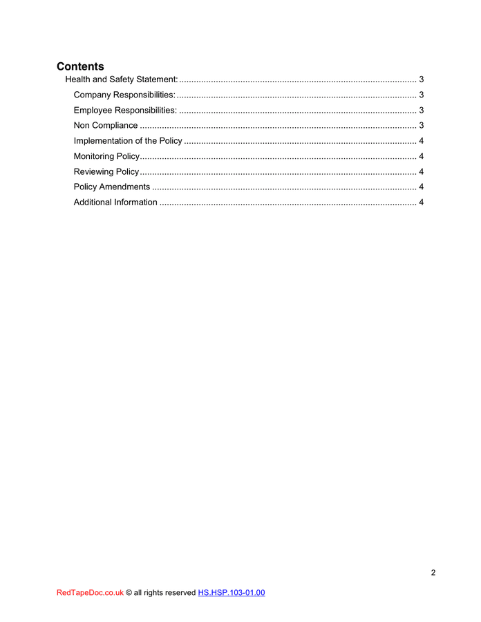 HEALTH AND SAFETY POLICY STATEMENT in Word and Pdf formats - page 2 of 4