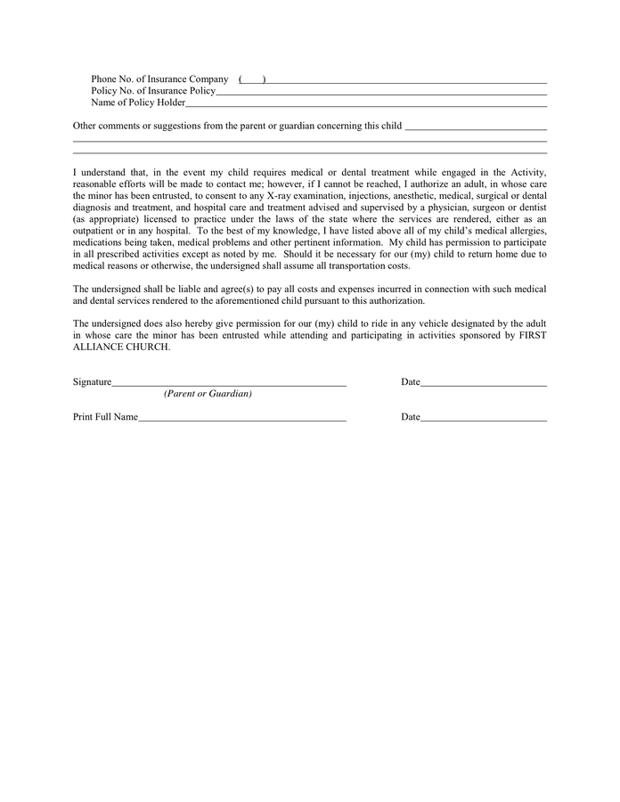 PERMISSION AND MEDICAL CONSENT in Word and Pdf formats - page 2 of 2