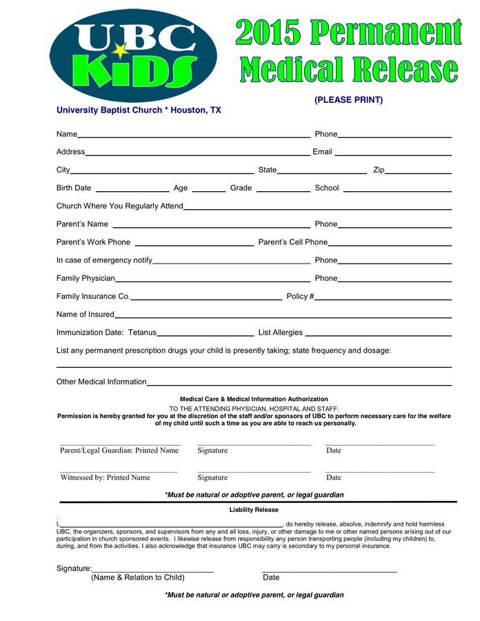 Medical Release Form - download free documents for PDF, Word and Excel