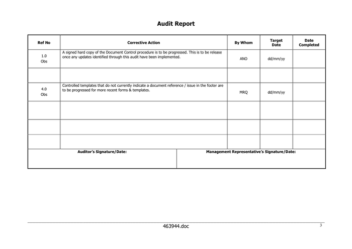 Audit Report Form in Word and Pdf formats - page 3 of 3