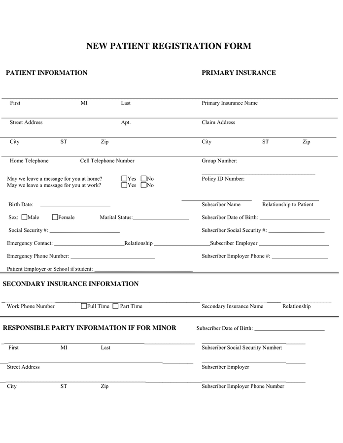 NEW PATIENT REGISTRATION FORM in Word and Pdf formats
