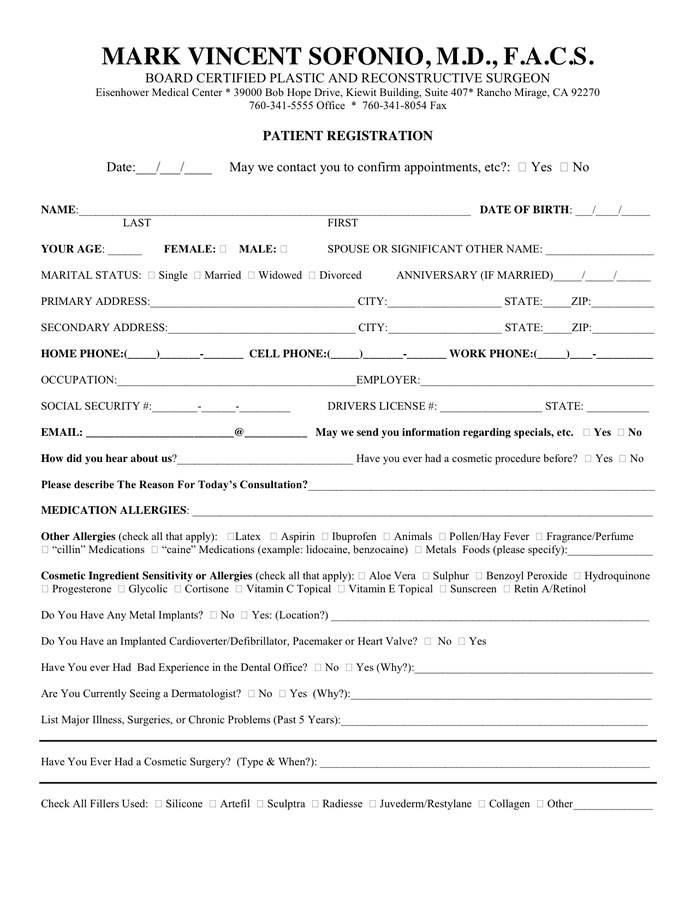 Patient Registration Form in Word and Pdf formats