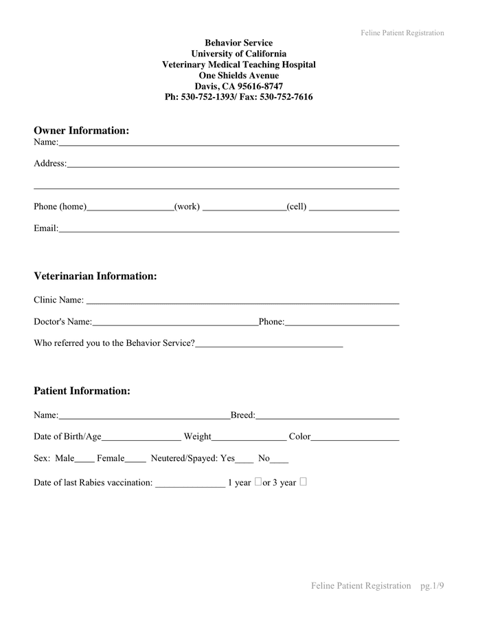 Canine Patient Registration Form in Word and Pdf formats