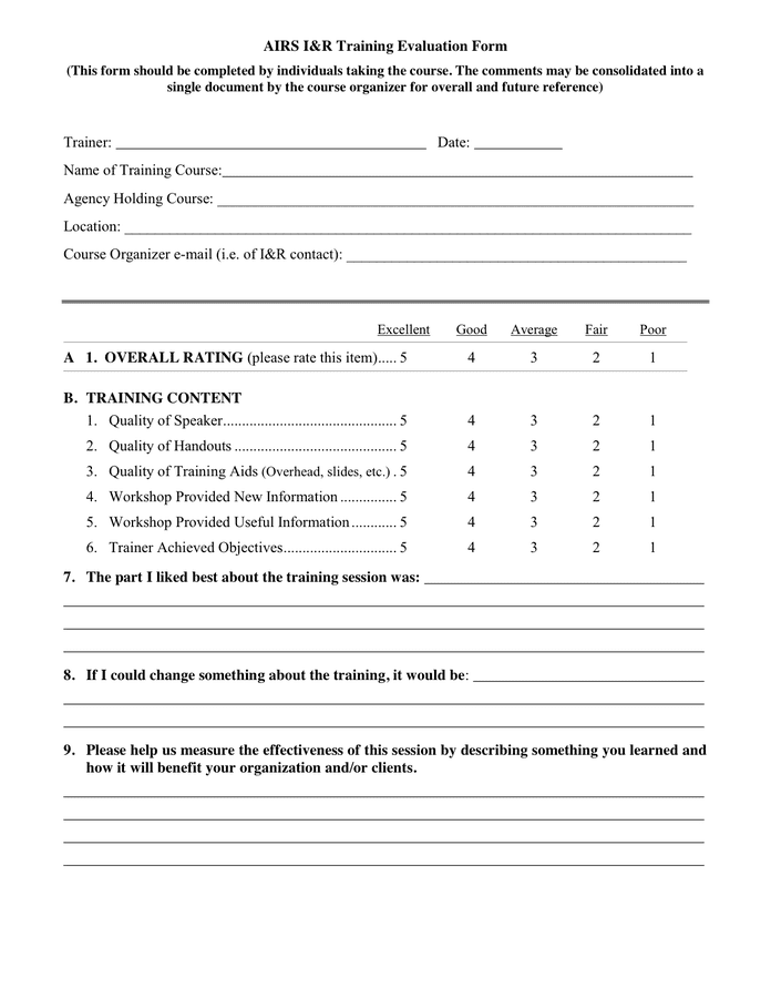 Free 10 Sample Training Evaluation Forms In Ms Word Riset