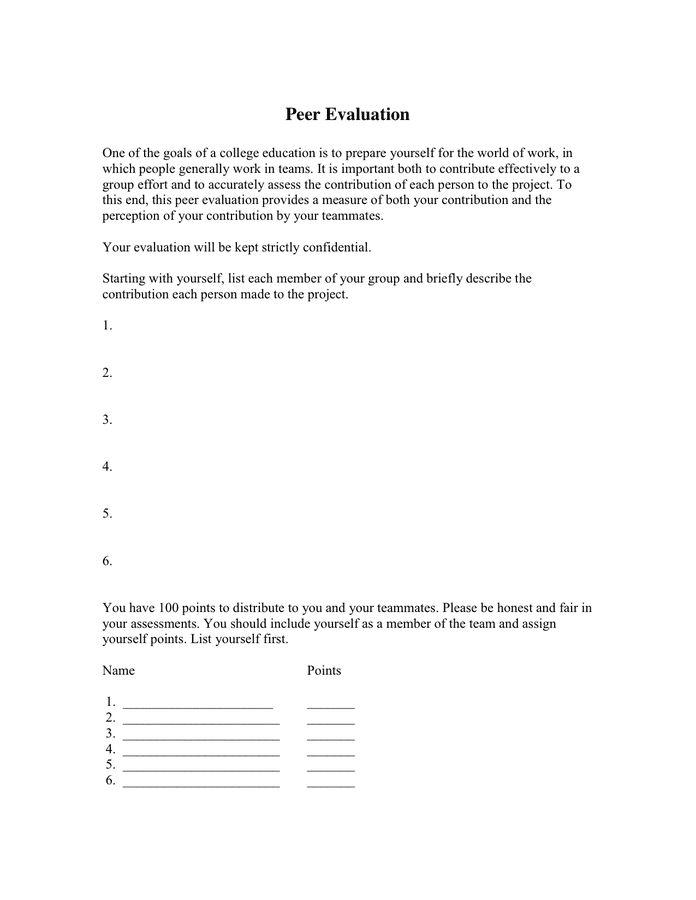 Peer Evaluation Form in Word and Pdf formats