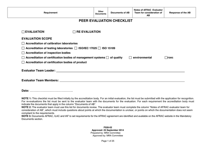 CHECKLIST FOR PEER EVALUATION in Word and Pdf formats