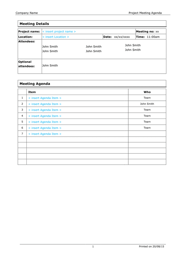 Project Meeting Agenda in Word and Pdf formats