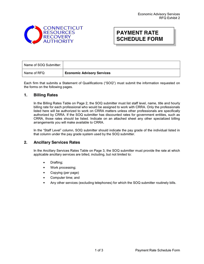Payment Rate Schedule Form in Word and Pdf formats