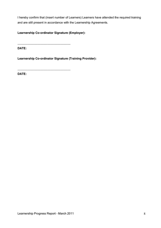 LEARNERSHIP AGREEMENT PROGRESS REPORT in Word and Pdf formats - page 8 of 9