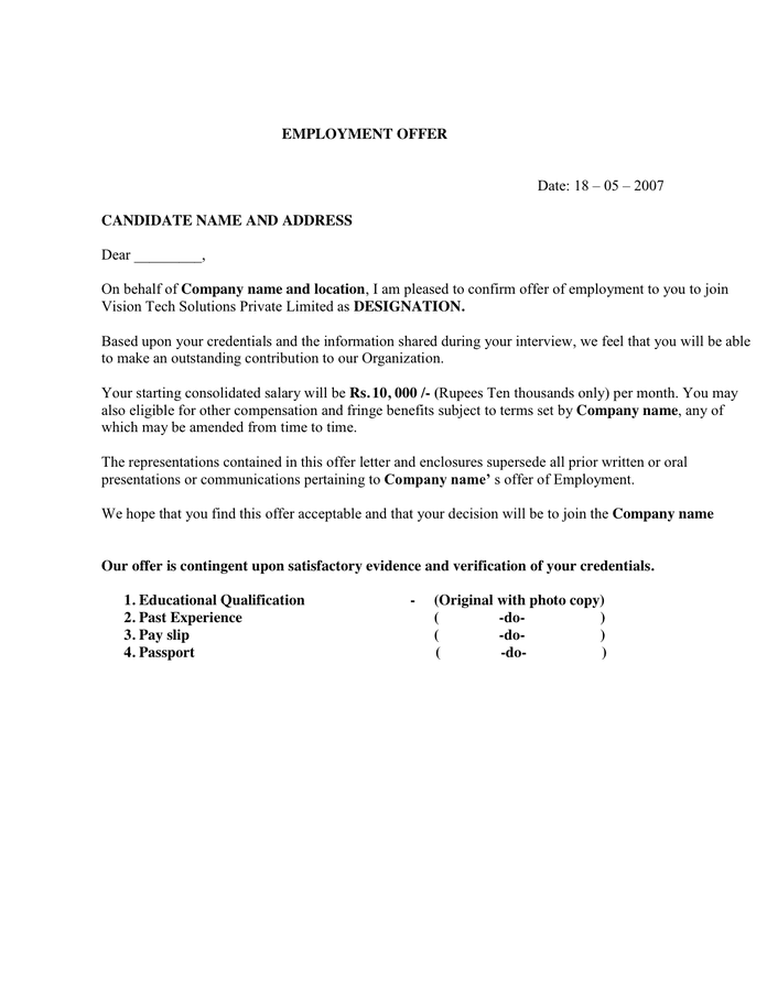 EMPLOYMENT OFFER in Word and Pdf formats