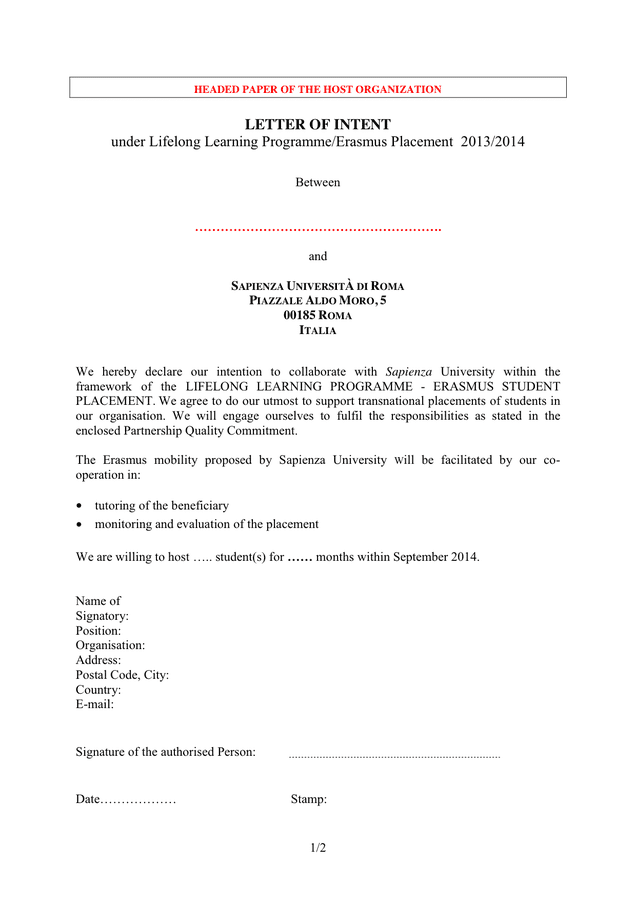 LETTER OF INTENT in Word and Pdf formats