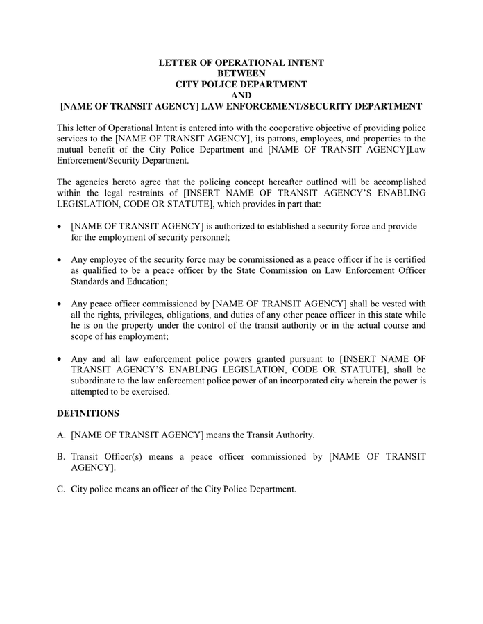 LETTER OF OPERATIONAL INTENT in Word and Pdf formats LETTER OF OPERATIONAL INTENT in Word and Pdf formats