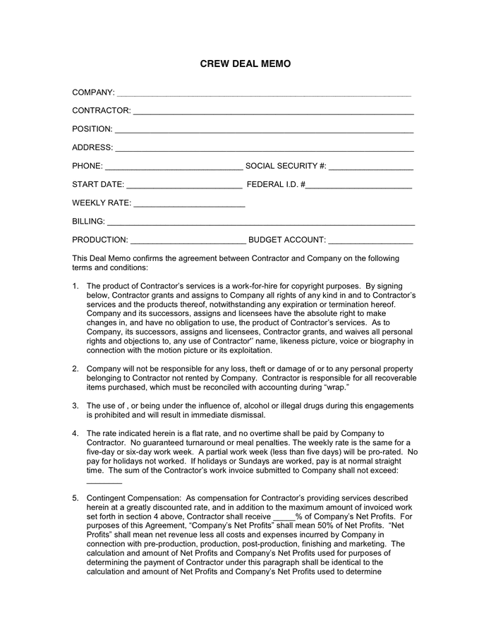 Crew Deal Memo In Word And Pdf Formats