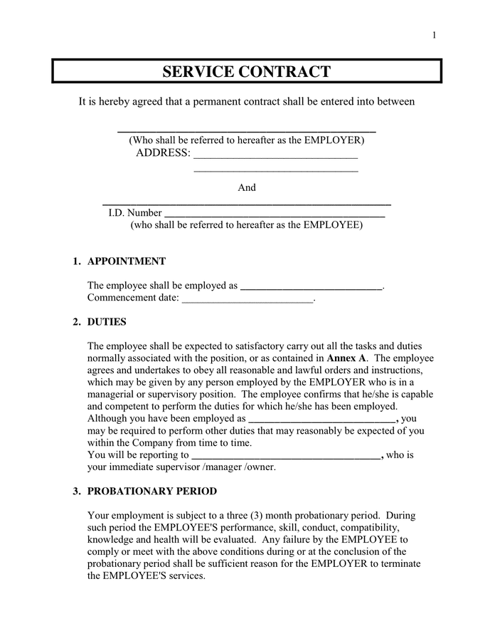 Example Of SERVICE CONTRACT In Word And Pdf Formats