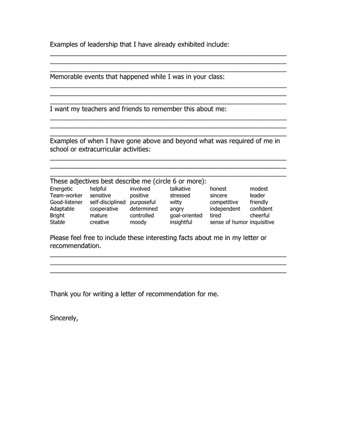 Letter of Recommendation Request Form in Word and Pdf formats - page 2 of 2