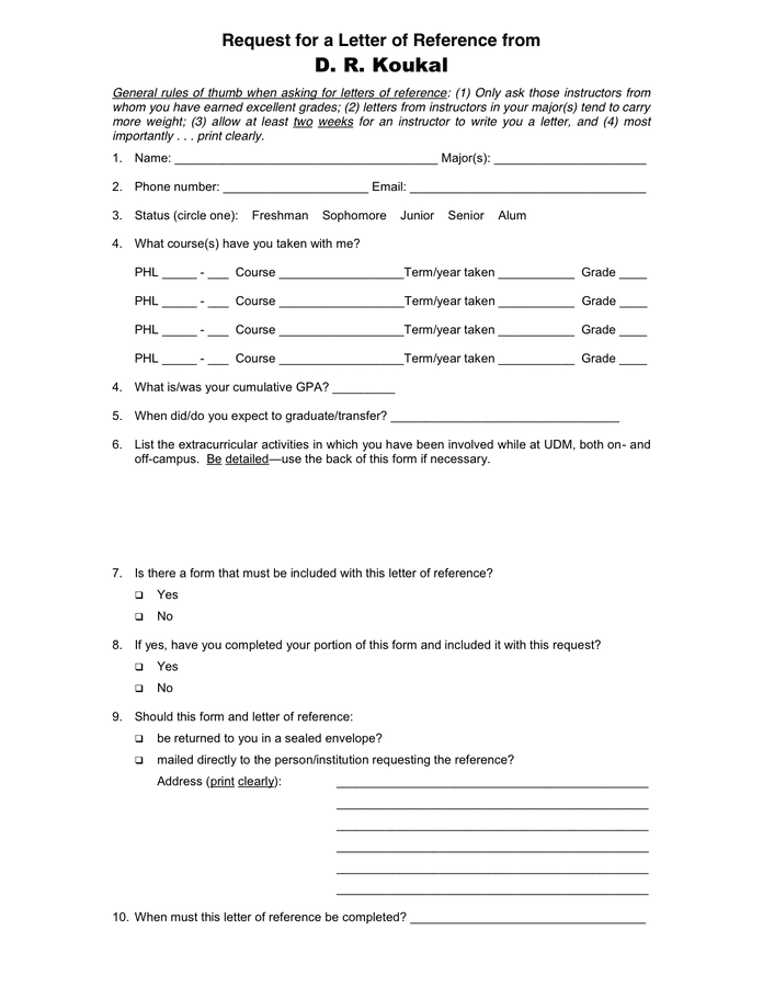 Request for Letter of Recommendation from in Word and Pdf formats