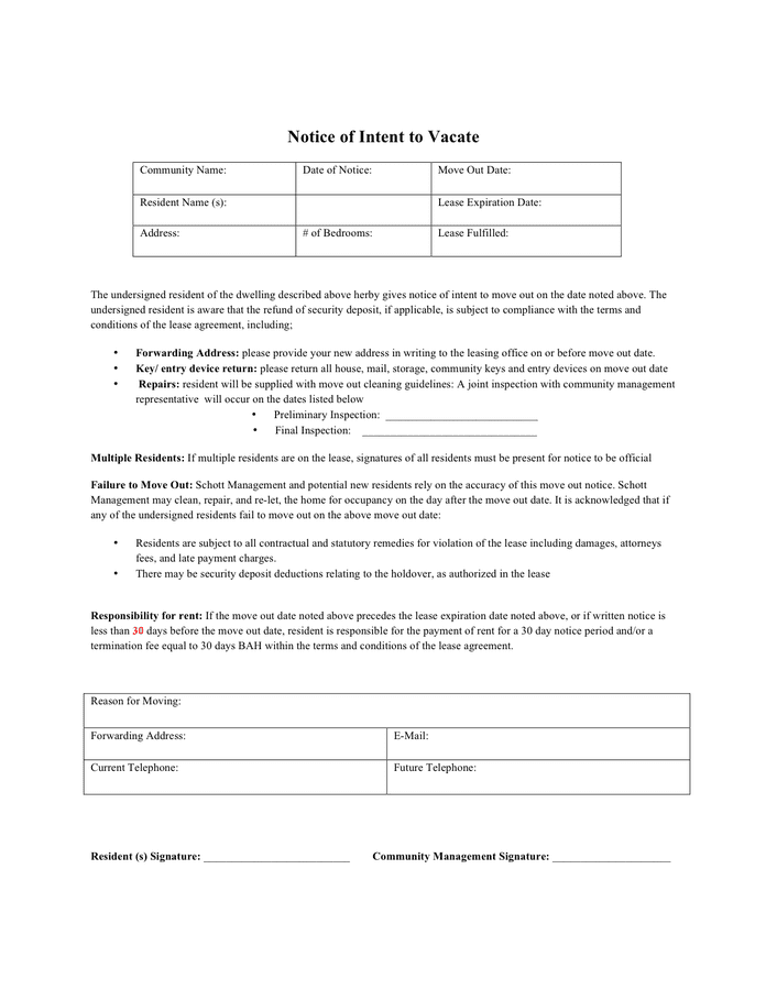 Notice of Intent to Vacate - download free documents for PDF, Word and Excel