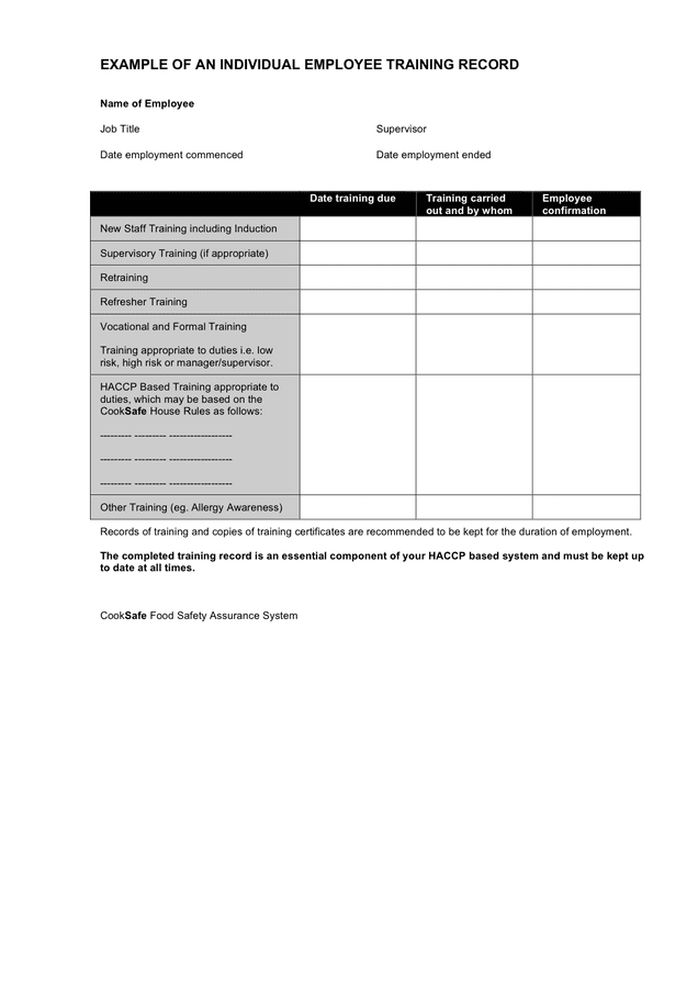 Example Of An Individual Employee Training Record In Word And Pdf Formats