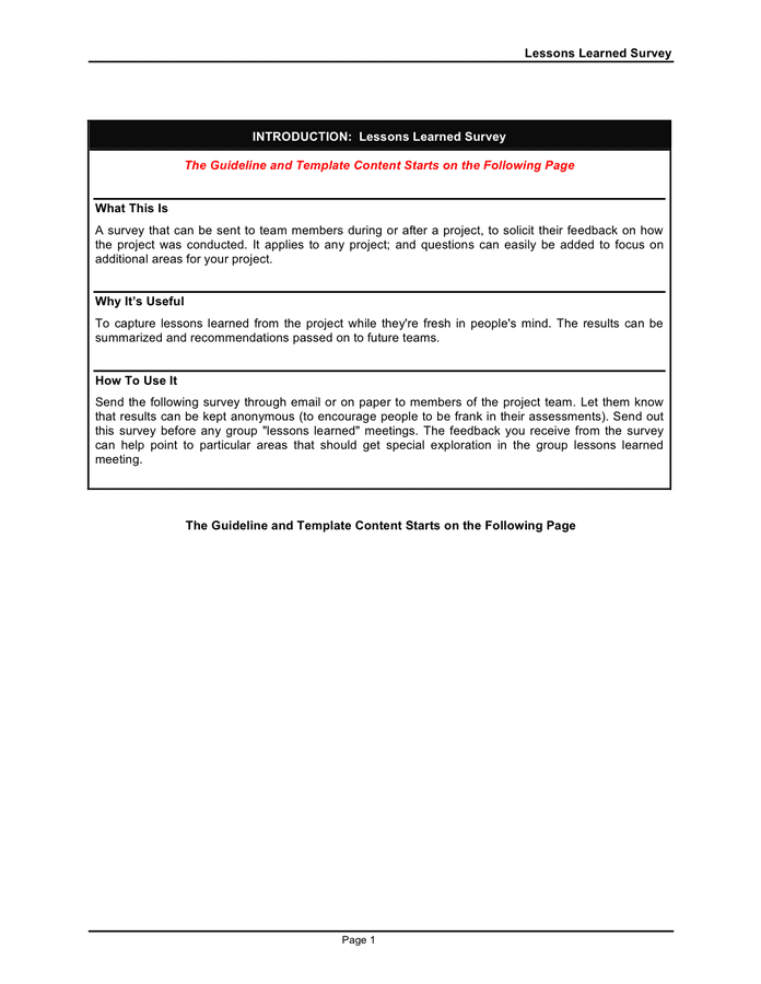 Lessons learned survey template in Word and Pdf formats