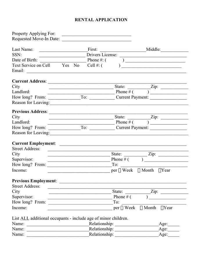 Free Printable Rental Application Template