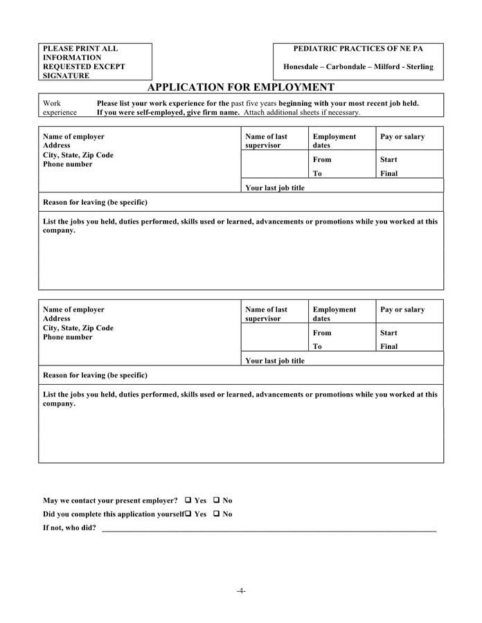 Sample employment application form in Word and Pdf formats - page 4 of 5