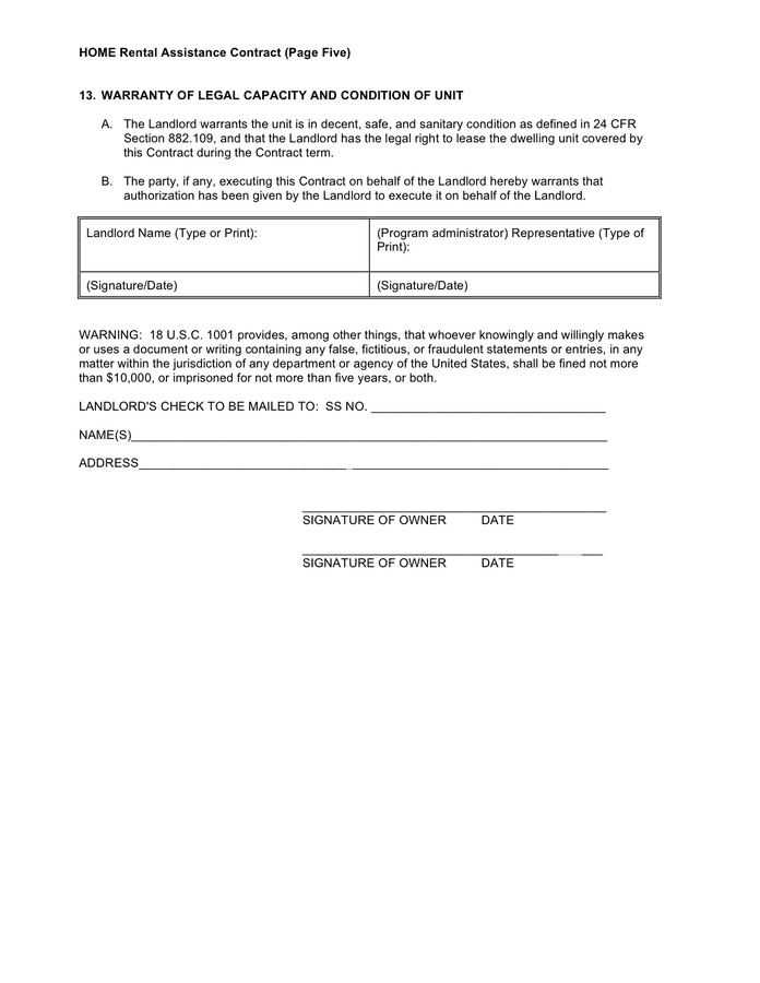 Home rental assistance contract in Word and Pdf formats - page 5 of 5