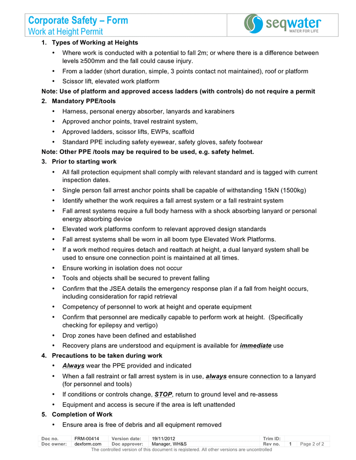 Corporate safety - work at height form in Word and Pdf formats - page 2 ...