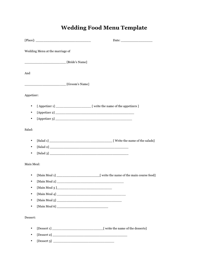 Wedding Menu Template - download free documents for PDF, Word and Excel