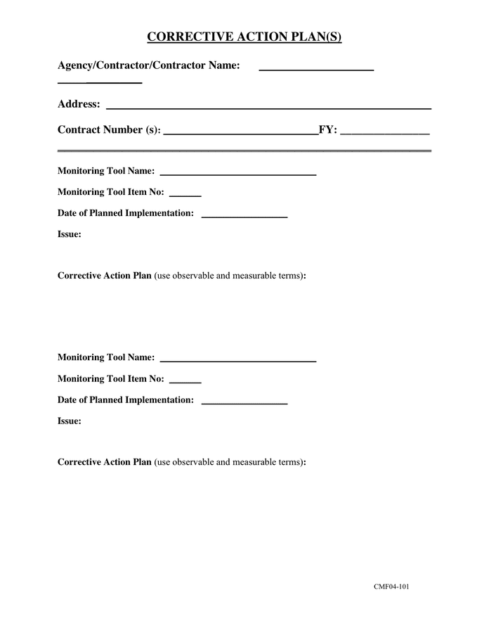 Corrective action plan in Word and Pdf formats