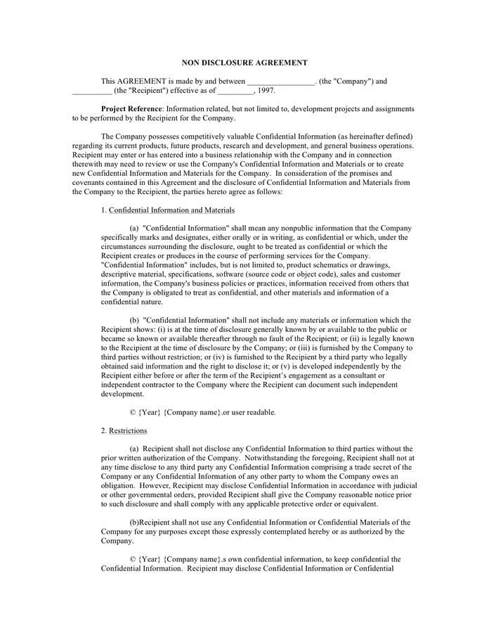 Non disclosure agreement sample in Word and Pdf formats
