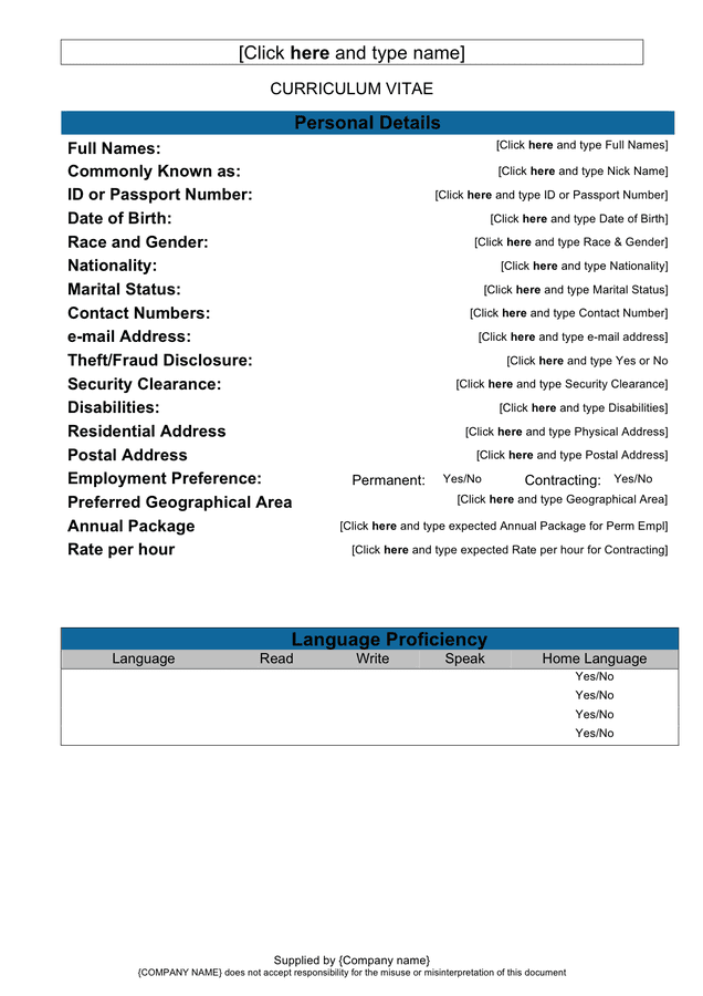 Curriculum vitae template in Word and Pdf formats