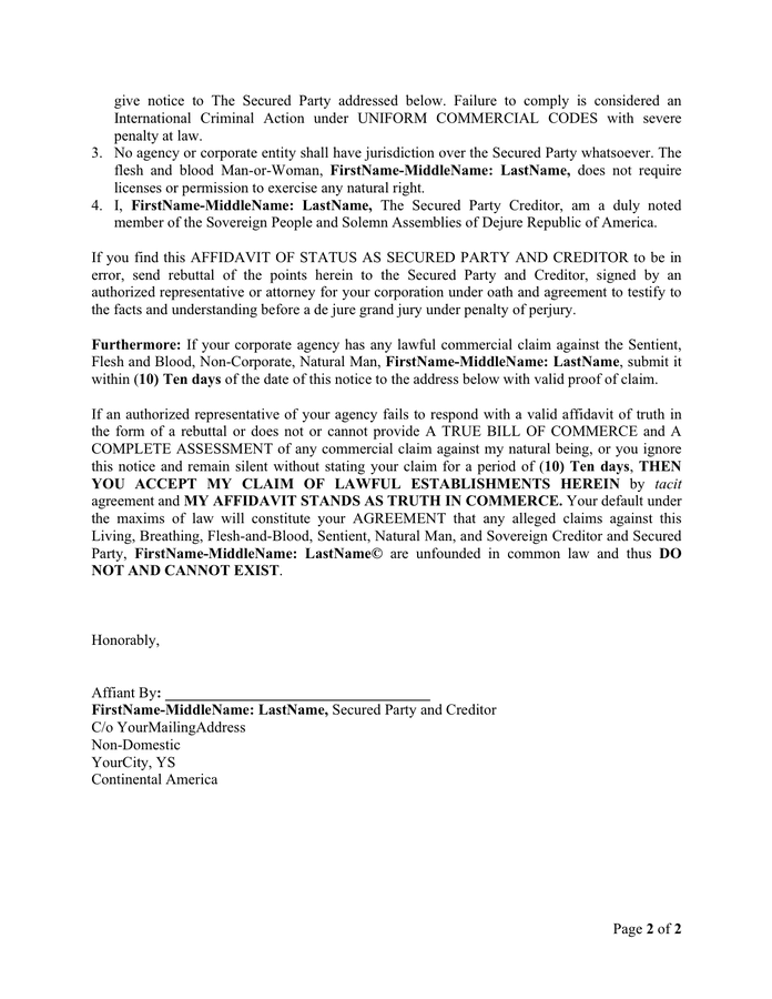 Affidavit of status as secured party and creditor in Word and Pdf formats - page 2 of 2