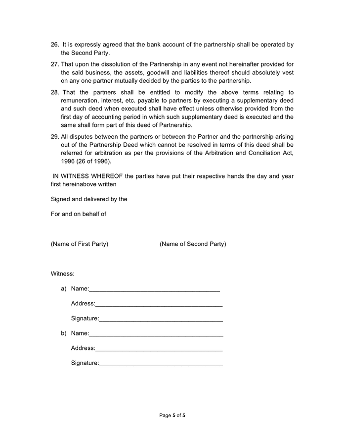 Draft partnership deed / agreement (India) in Word and Pdf formats ...