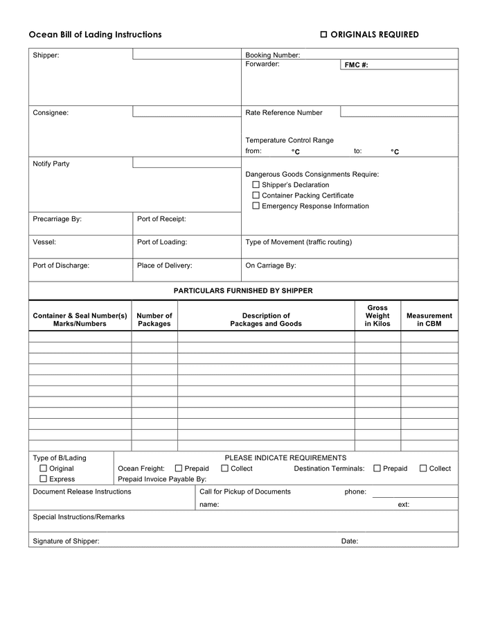 Ocean Bill Of Lading Instructions In Word And Pdf Formats