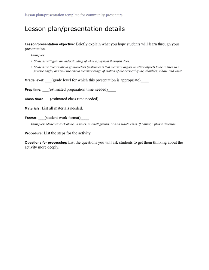 Lesson plan/presentation template for community presenters in Word and ...