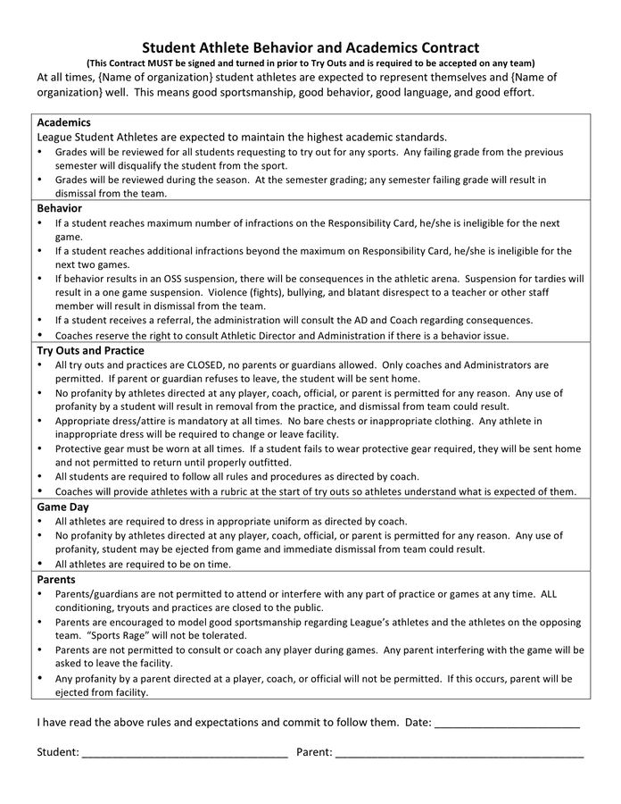 Athletes behavior and academics contract in Word and Pdf formats