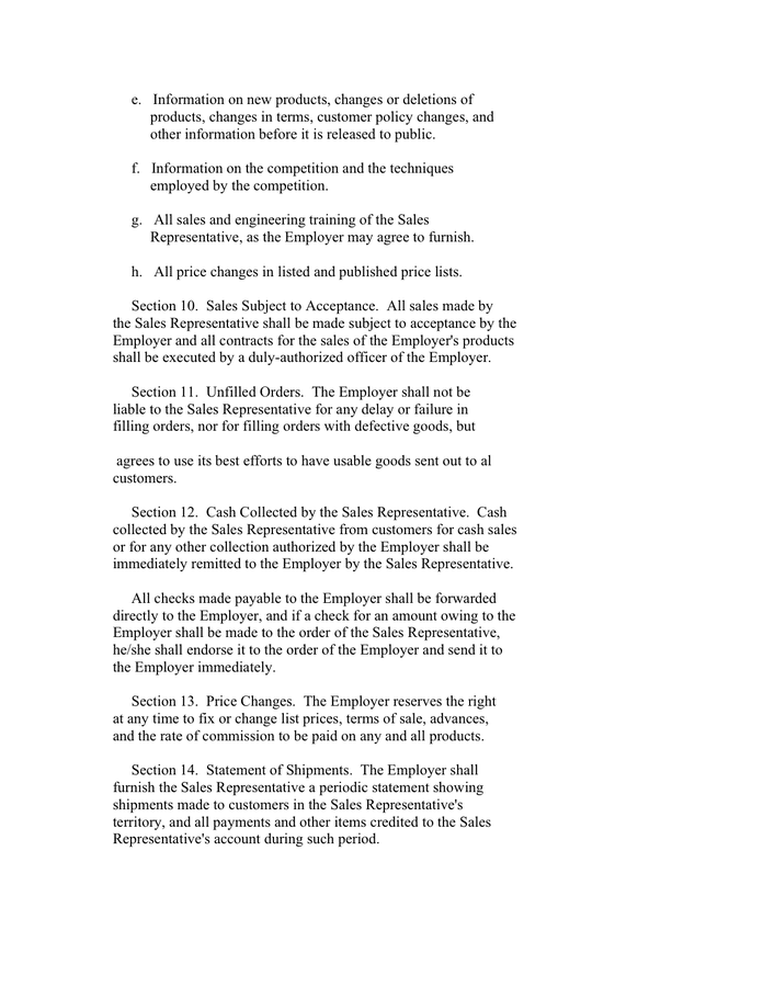 Sales representative employment agreement in Word and Pdf formats ...