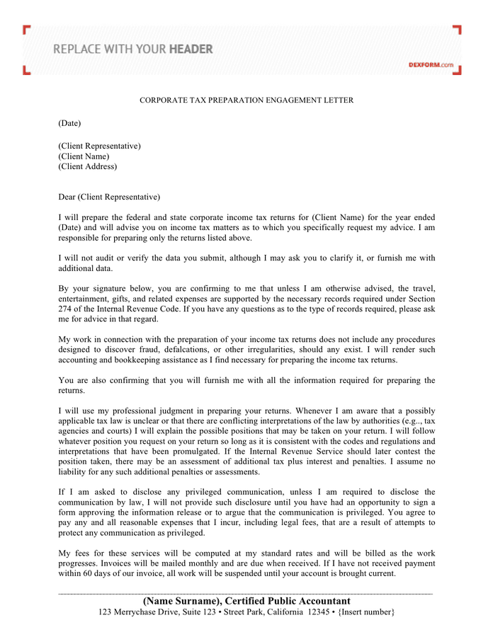 Corporate Tax Preparation Engagement Letter In Word And Pdf Formats