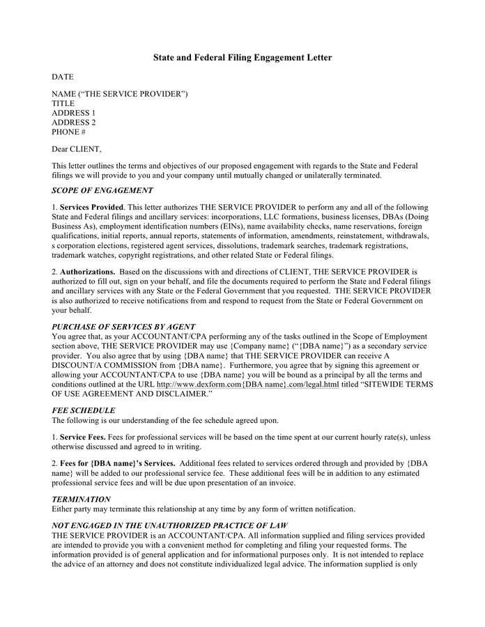 State and federal filing engagement letter in Word and Pdf formats