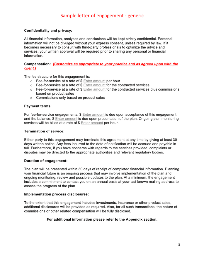 Sample generic letter of engagement in Word and Pdf formats - page 3 of 5