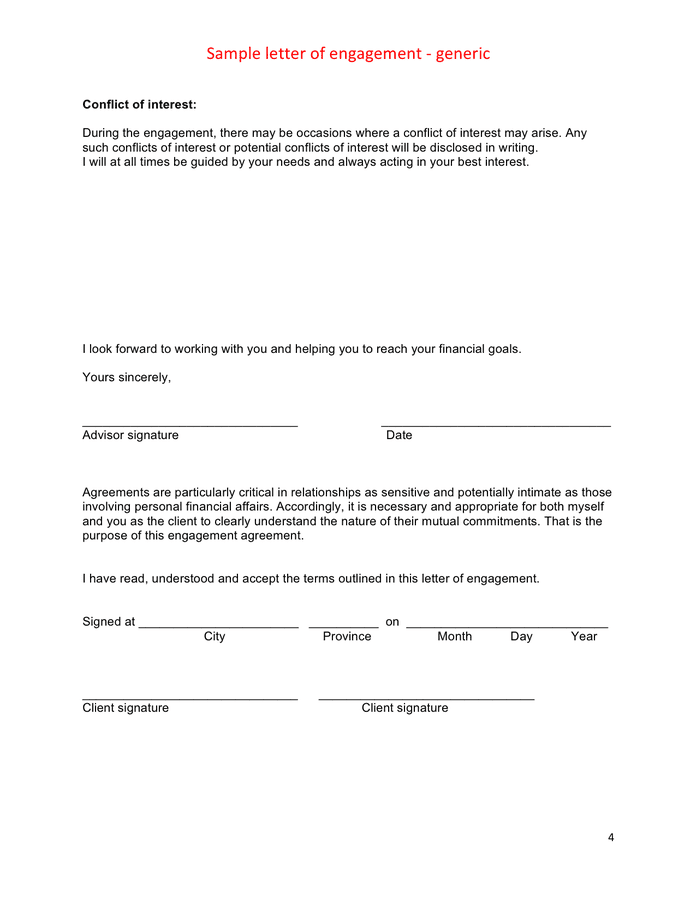 Sample generic letter of engagement in Word and Pdf formats - page 4 of 5