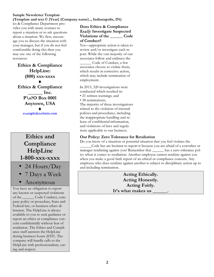 Sample newsletter template in Word and Pdf formats - page 2 of 3